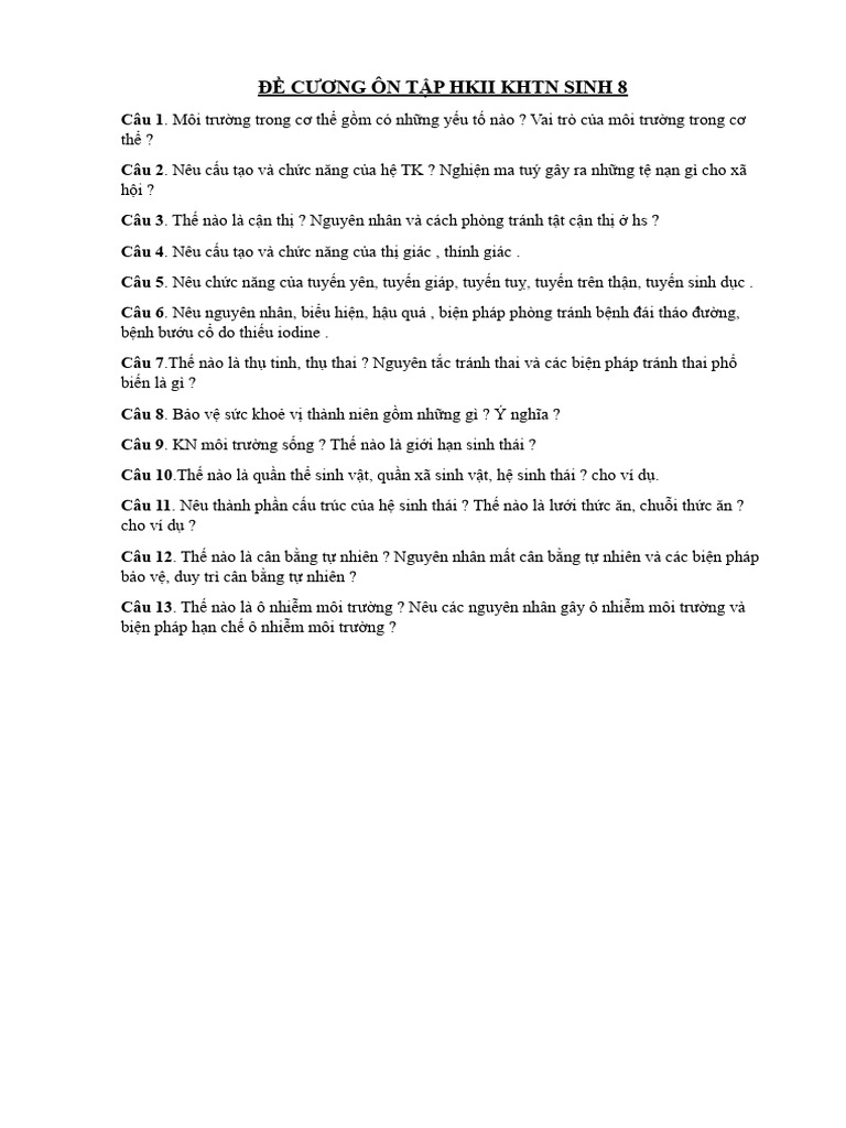 Đề Cương Ôn Tập Hkii Khtn Sinh 8 23-24 | PDF