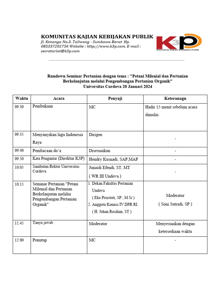 Rundown Acara Seminar Pertanian | PDF