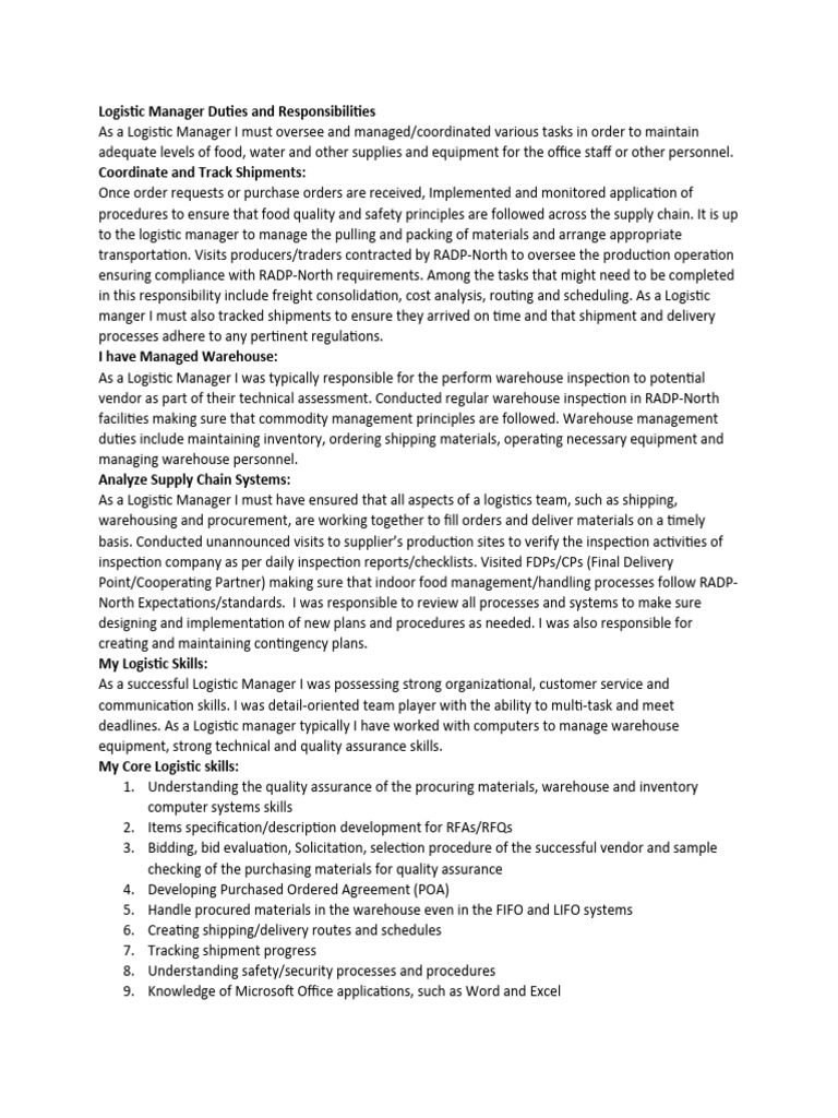 Logistic Manager Duties and Responsibilities | PDF | Logistics | Warehouse