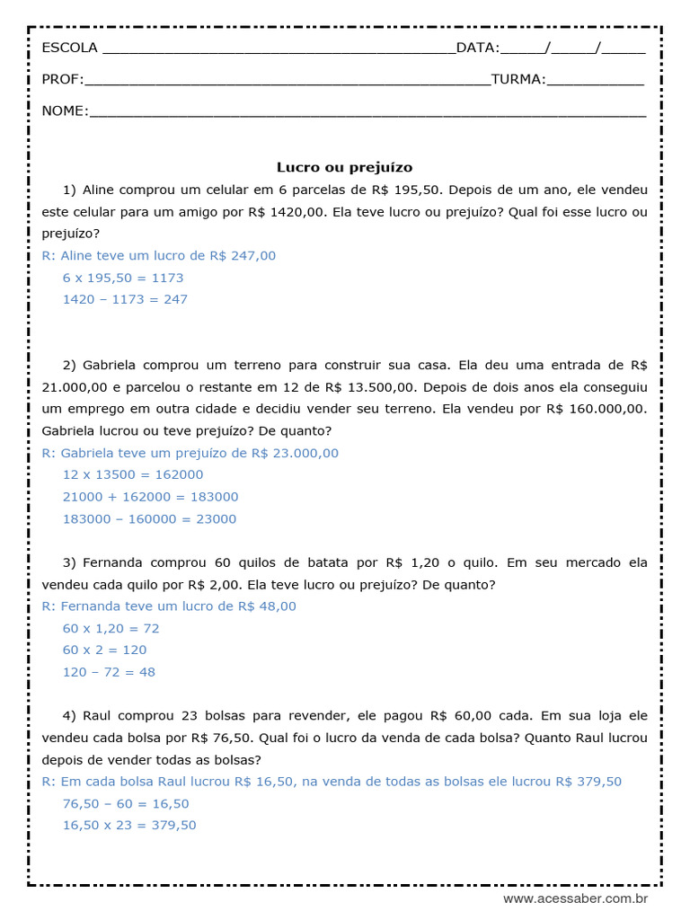 Exercícios de Lucro e Prejuízo 5º Ano | PDF
