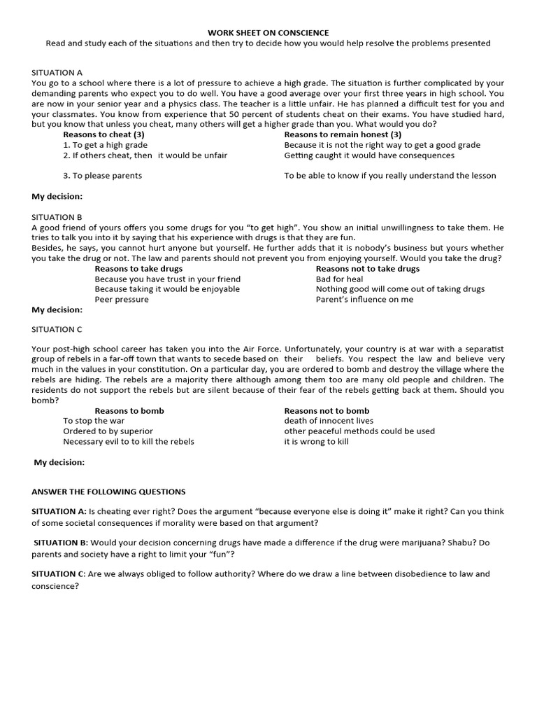 Work Sheet On Conscience | PDF | Conscience | Social Psychology