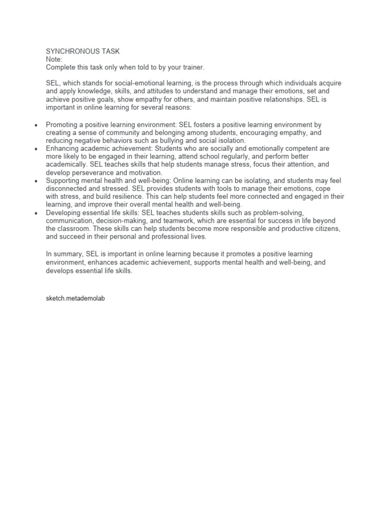 Importance of SEL in Online Learning | PDF