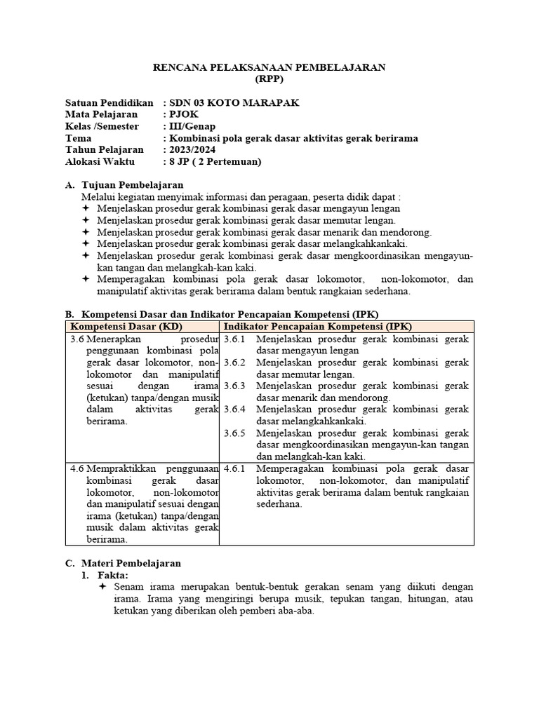 RPP 2 Kombinasi Pola Gerak Dasar Gerak Berirama | PDF