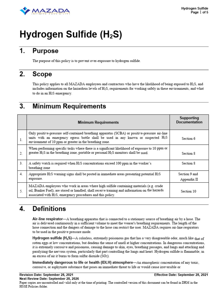 Hydrogen Sulfide Policy | PDF | Occupational Hygiene | Personal Protective Equipment