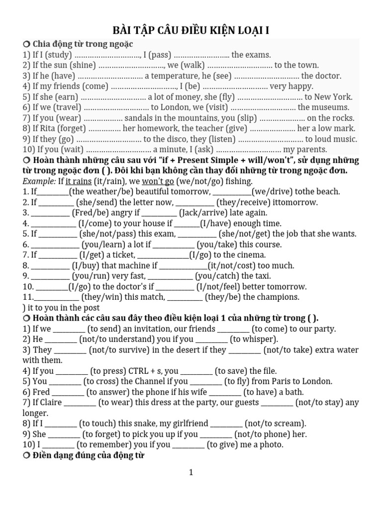 Câu Điều Kiện Loại I: Bài Tập Thực Hành | PDF