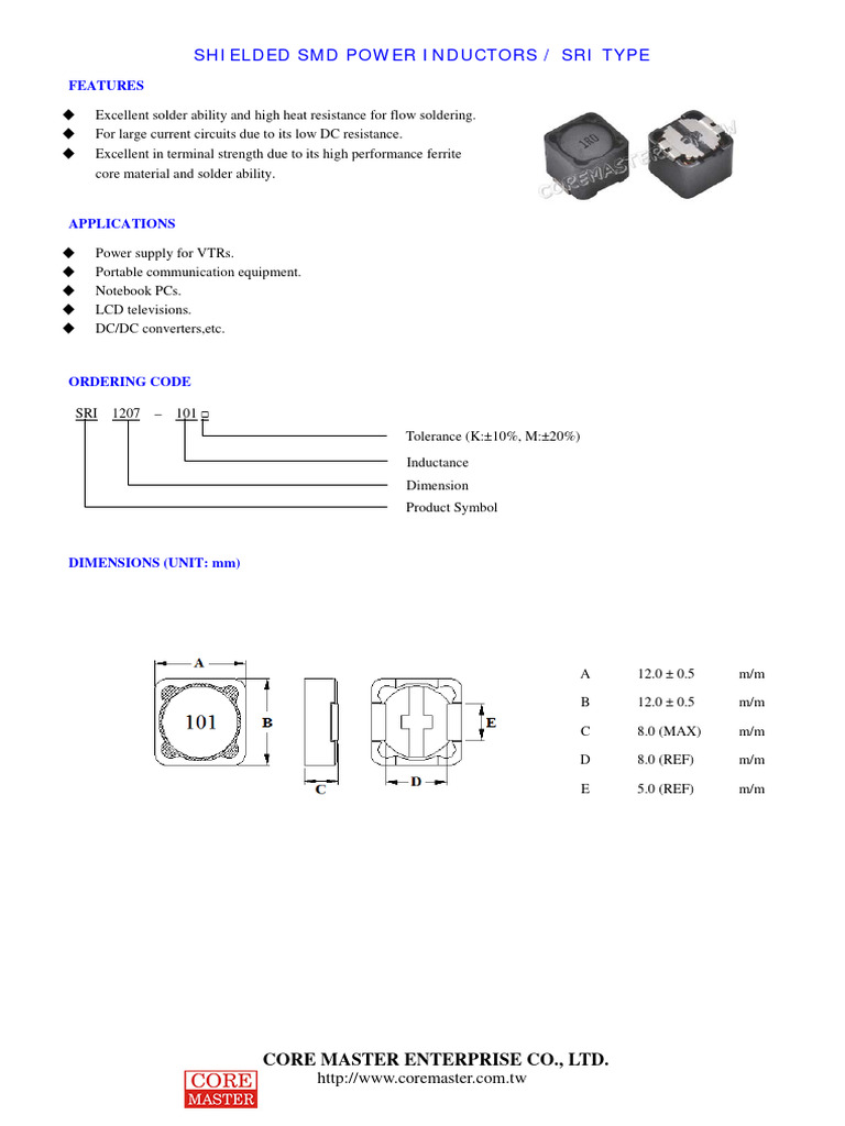 Shielded SMD Power Inductors For SRI1207 | PDF | Inductor | Materials ...