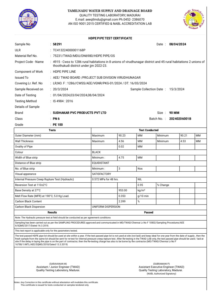 TWAD HDPE Pipe Test Certificate | PDF | Pipe (Fluid Conveyance ...
