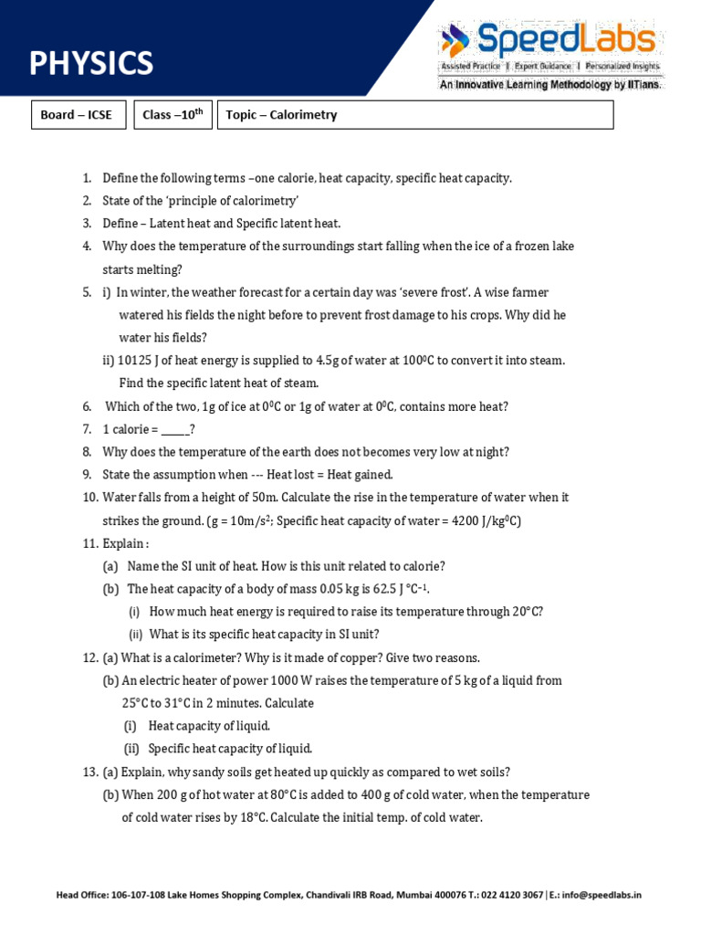 Calorimetry Important-Qs Important-Questions | PDF | Heat | Calorimetry