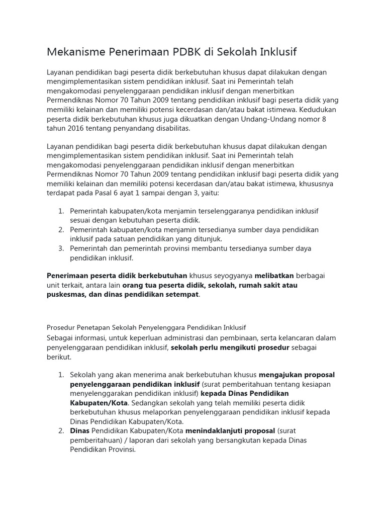 Mekanisme Penerimaan PDBK Di Sekolah Inklusif | PDF