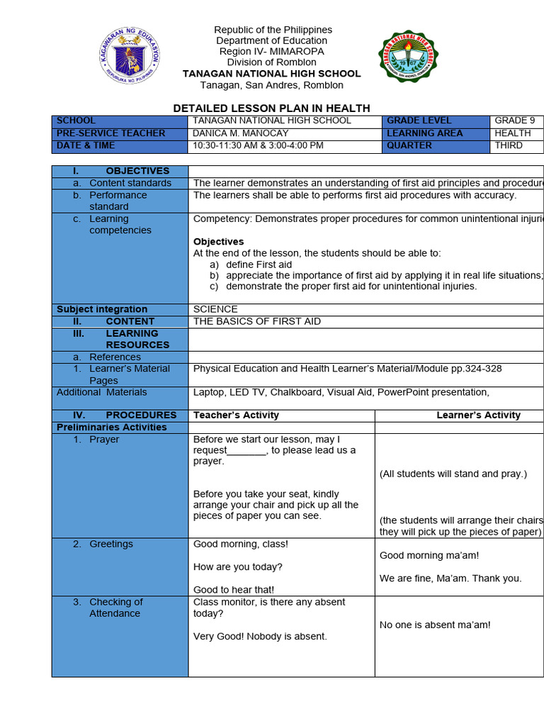 Danica Detailed Lesson Plan | PDF | First Aid | Learning
