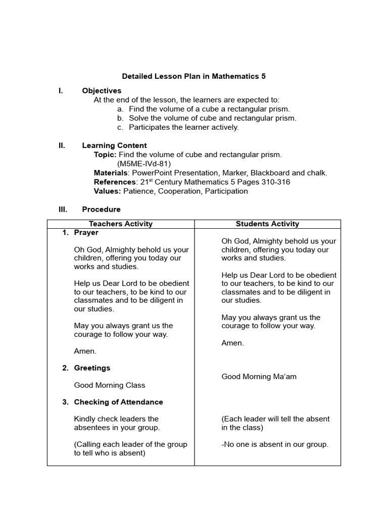 Volume of Cubes and Prisms Lesson Plan | PDF | Volume | Length