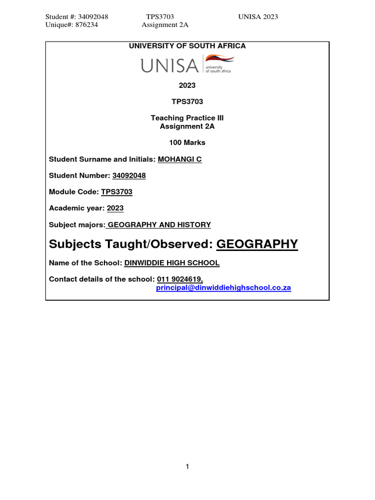 Student# 34092048 TPS3703 ASSIGNMENT 2A Unique# 876234 UNISA2023 | PDF | Learning | Teaching Method