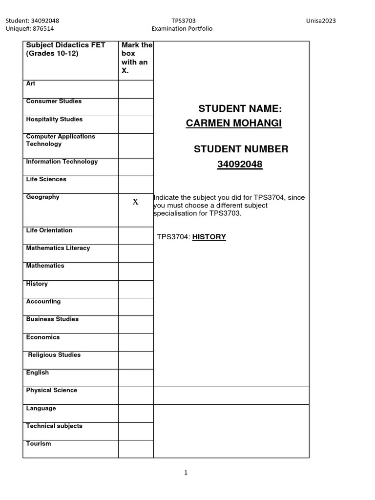 Unisa TPS3703 Examination Portfolio 2023 | PDF | Teachers | Learning