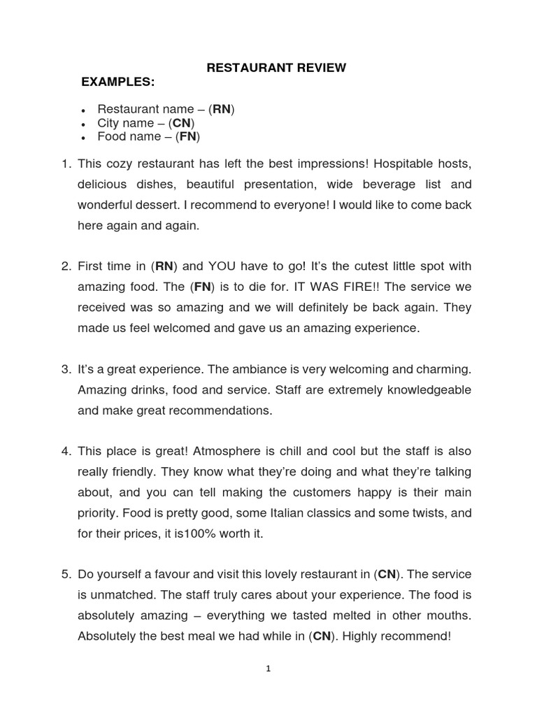 Restaurant Review Samples | PDF | Restaurants | Waiting Staff