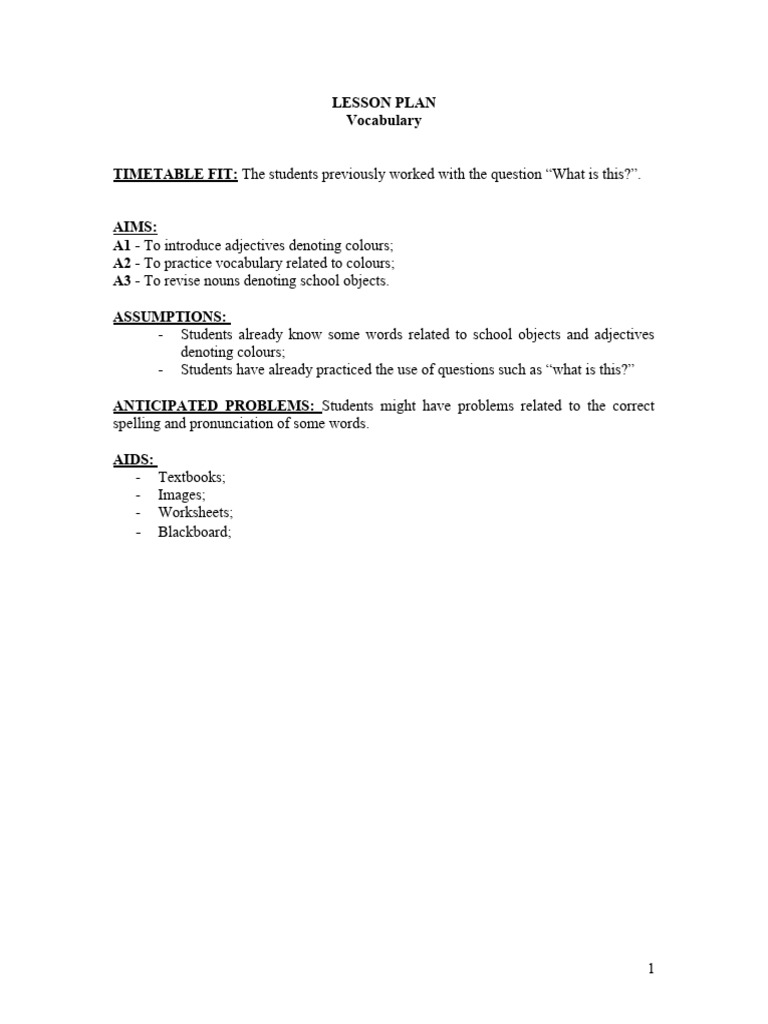 Lesson Plan - Vocabulary | PDF | Lesson Plan | Teachers