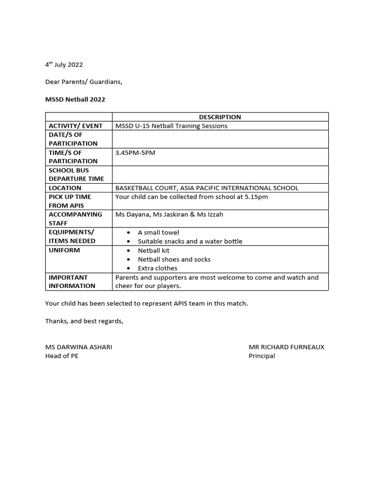 Netball Consent Letter | PDF | Family
