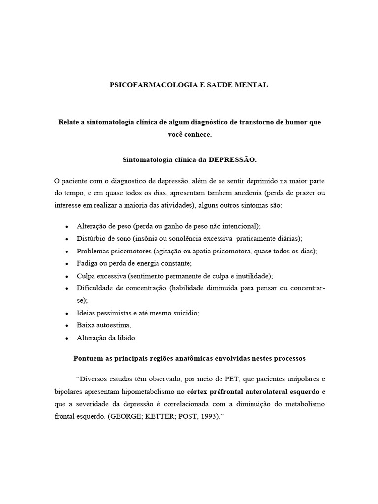 Trab 1 - 3 Bim | PDF | Depressão | Medicina Clínica