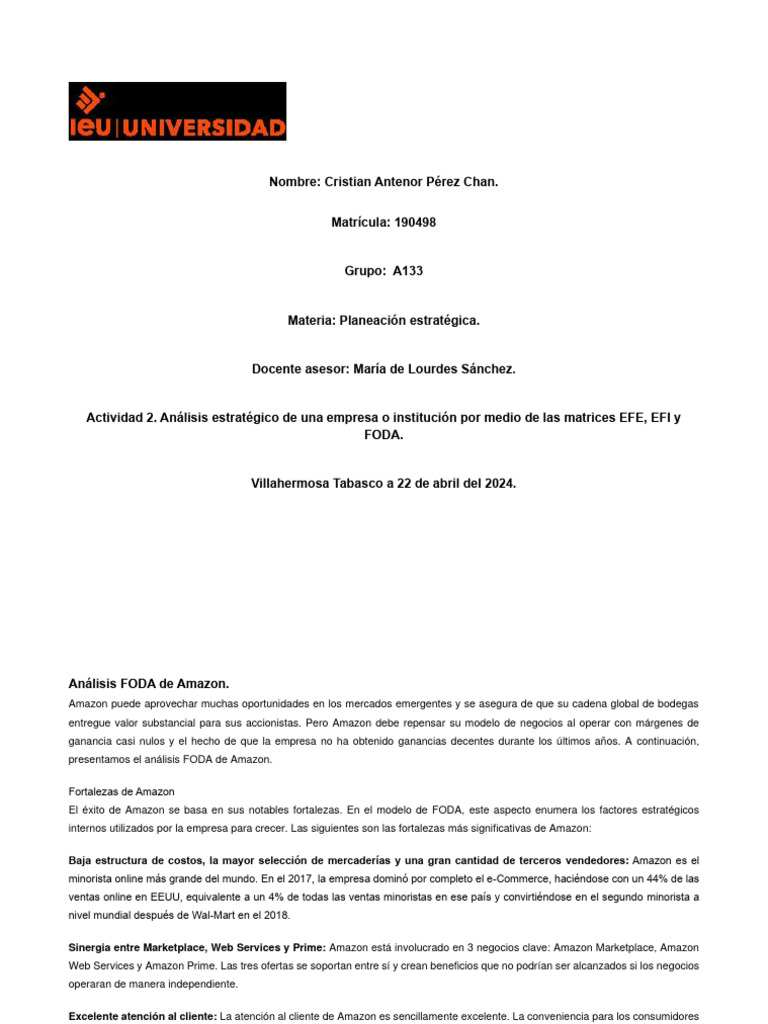 Actividad 2. Análisis Estratégico de Una Empresa o Institución Por ...