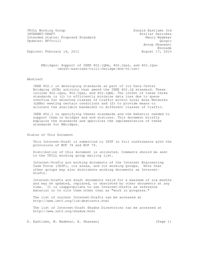 RBridges Support for DCB Standards | PDF | Network Congestion | Network ...