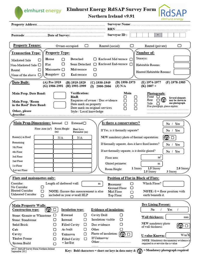 Elmhurst Energy RdSAP Survey Form NI | PDF | Water Heating | Building ...