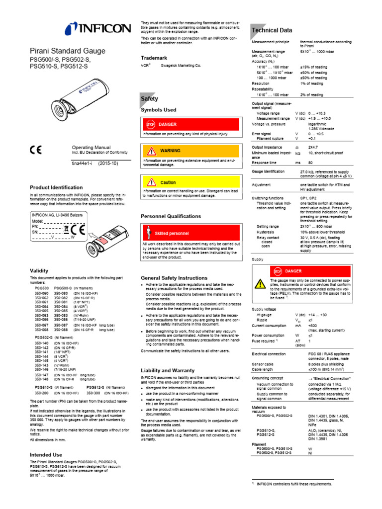 Pirani Standard Gauge: PSG500/-S, PSG502-S, PSG510-S, PSG512-S | PDF ...