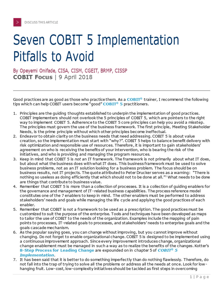 COBIT Focus Seven COBIT 5 Implementation Pitfalls To Avoid NLT Eng 0418 ... COBIT Focus Seven COBIT 5 Implementation Pitfalls To Avoid NLT Eng 0418 ...