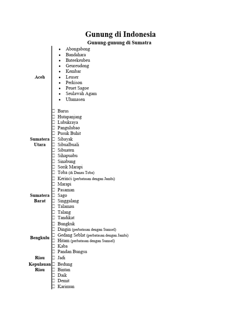 Daftar Gunung Di Indonesia | PDF