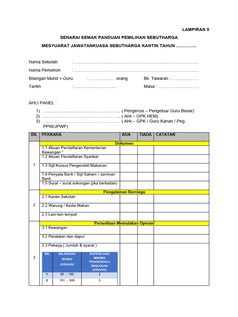 Lampiran 5 Senarai Semak Sebut Harga Kantin SK | PDF