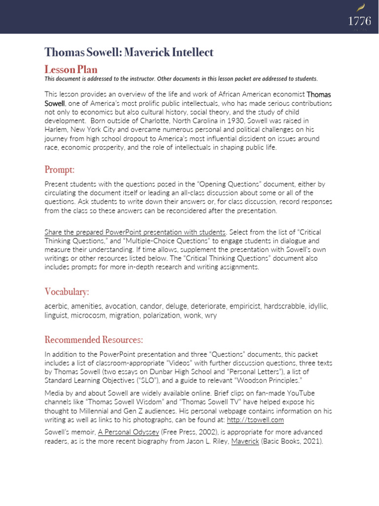 Thomas Sowell Lesson Plan Overview | PDF | Human Communication ...