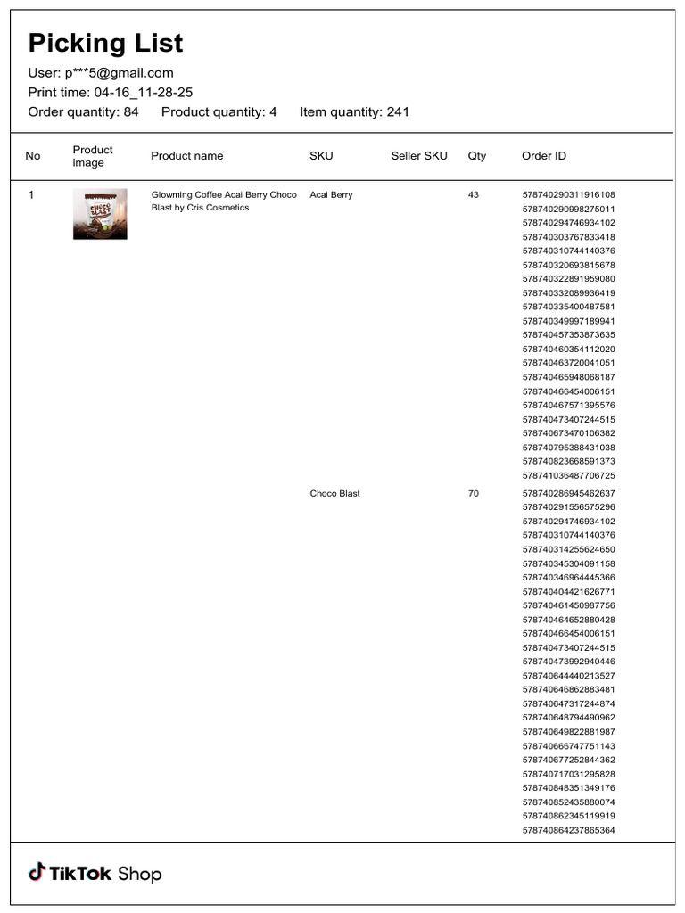 Order Picking List for Cosmetics | PDF