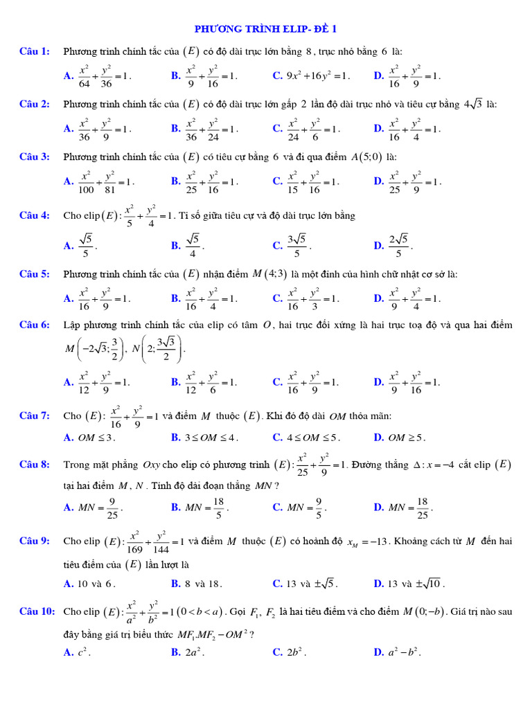Phương trình đường Elip Đề 1 ĐỀ | PDF