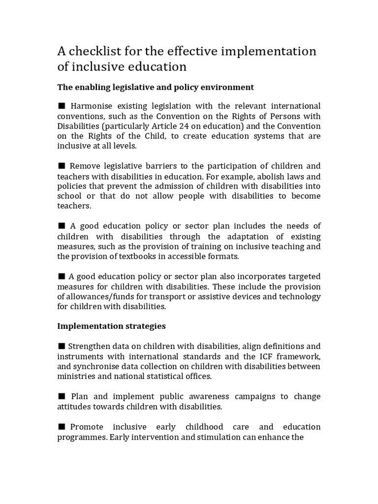 Checklist For IE - UNESCO | PDF | Inclusion (Education) | Disability