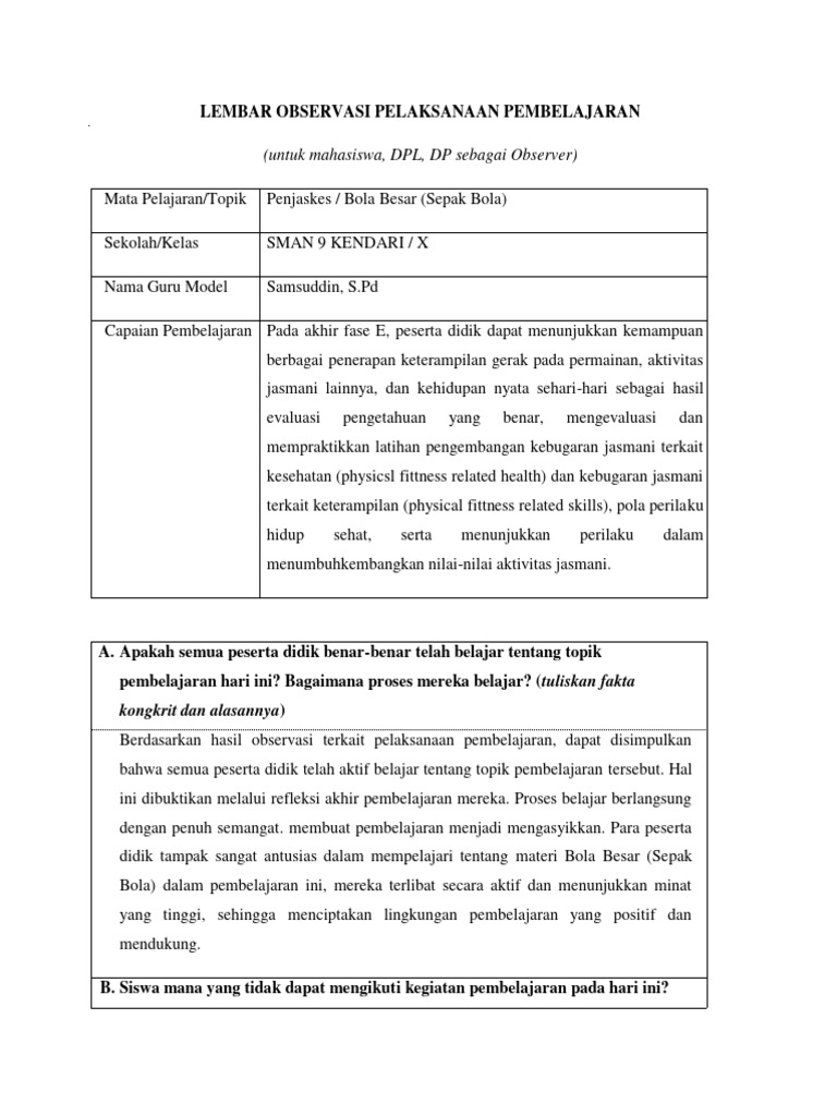 01.05.6-B3-6 Unggah LK 4 - Lembar Observasi Pembelajaran Pada Pembelajaran Ke-2 | PDF