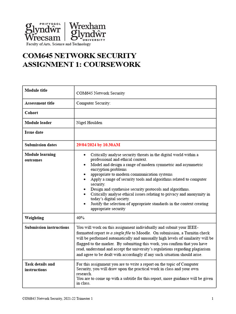 COM 645 Network Security Assignment 1 Brief | PDF | Security | Computer Security
