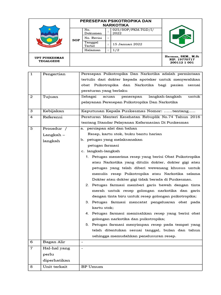 Contoh SOP PERESEPAN OBAT PSIKOTROPIKA | PDF