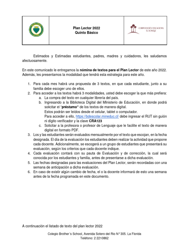 Plan Lector Quinto B 2022 | PDF