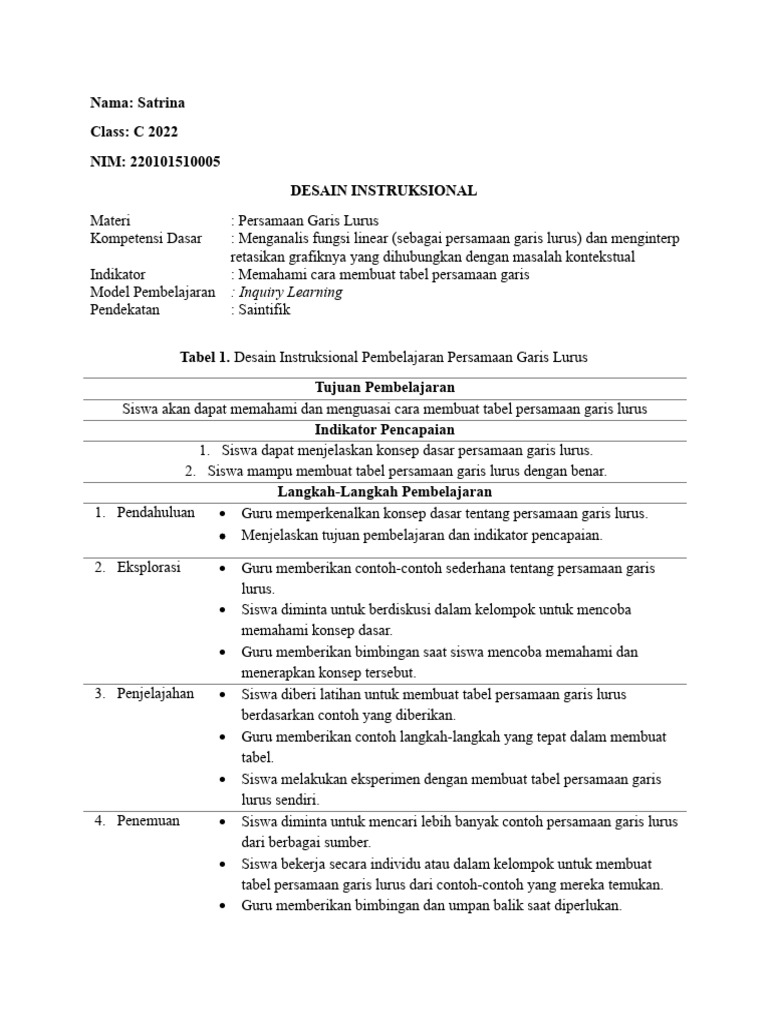 Satrina - Desain Instruksional Persamaan Garis Lurus | PDF