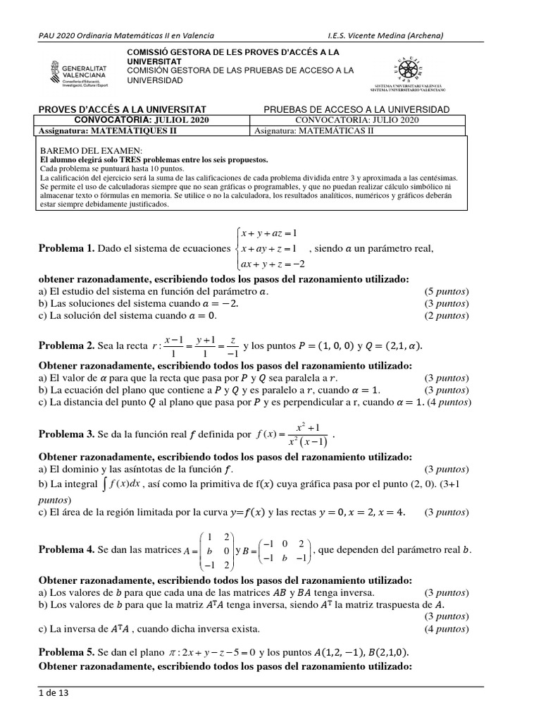 Examen Resuelto EBAU Matematicas II 2020 - Valencia - Convocatoria ...