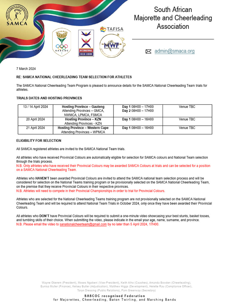 SAMCA National Cheerleading Team Trials Announcement 2024 - 062205 ...
