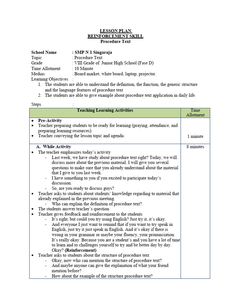 Lesson Plan Reinforcement Skill | Download Free PDF | Teachers ...