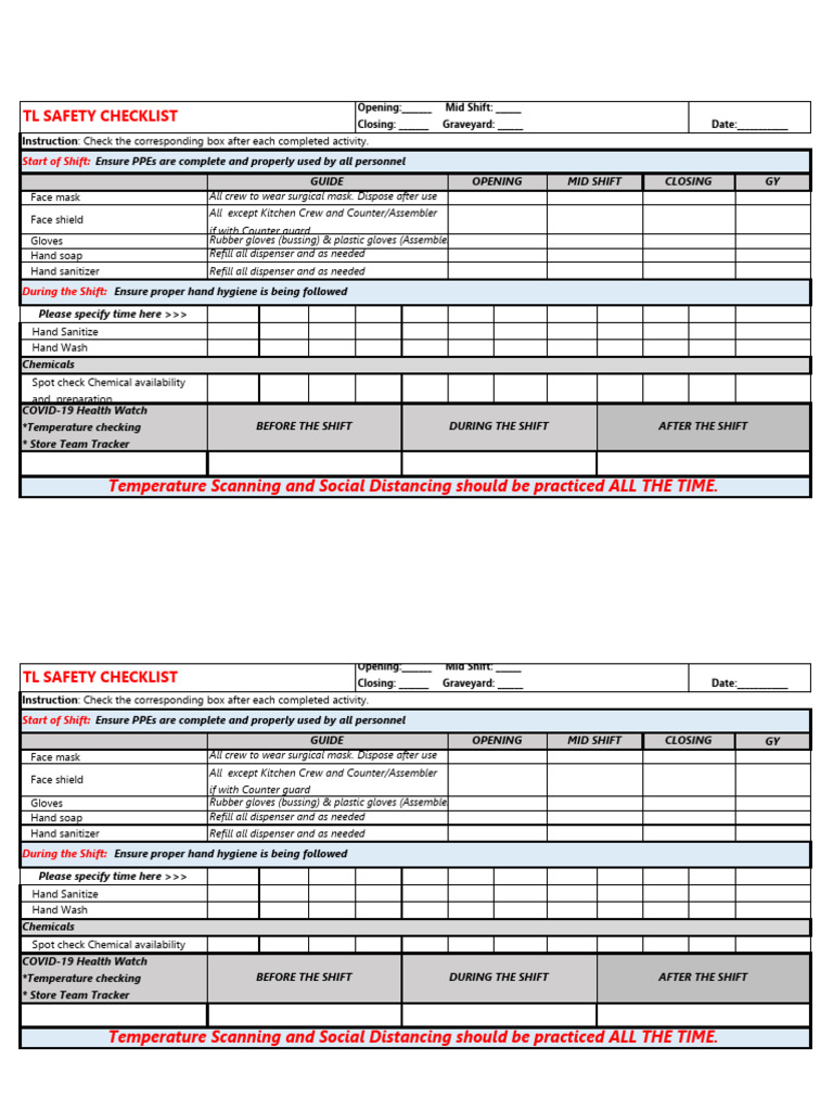 TL Safety Checklist | PDF | Personal Protective Equipment | Public Health