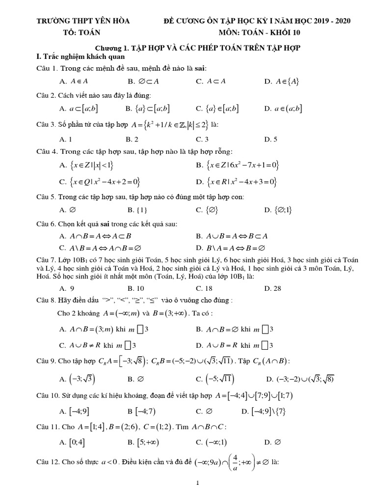 Đề Cương Ôn Tập Học Kỳ 1 Toán 10 Năm 2019 2020 Trường Yên Hoà Hà Nội | PDF