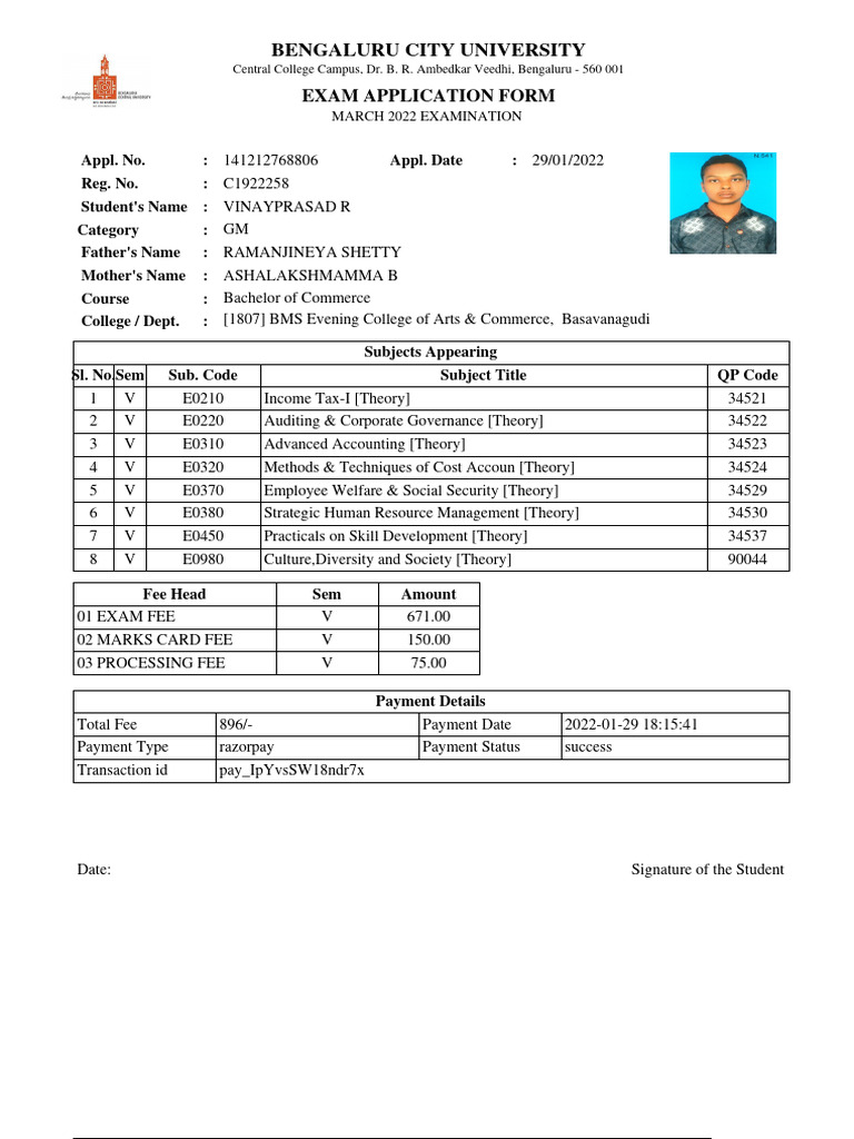BCU Exam Form for B.Com Students | PDF | Payments | Business