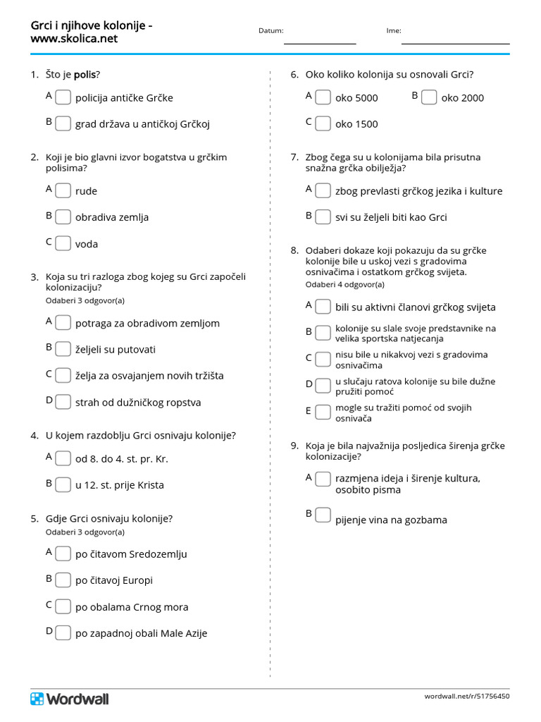 Grci I Njihove Kolonije Ispit Peti Razred1 | PDF