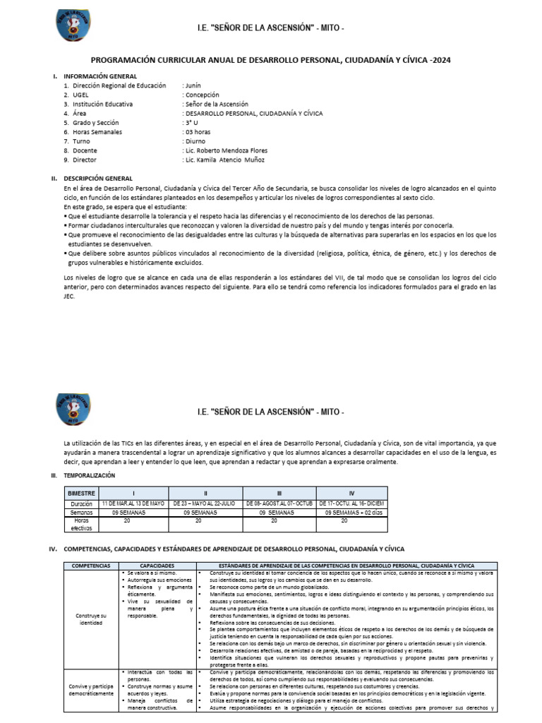 Programacion Anual 3°grado DPCC - 2024-Roberto | PDF | Enseñando | Entorno natural