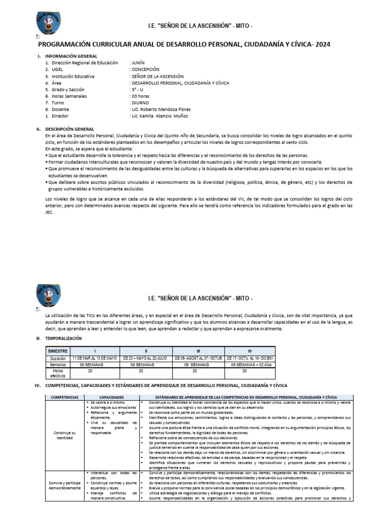 Programación Anual 5° Grado DPCC - Roberto-2024 | PDF | Enseñando | Entorno natural