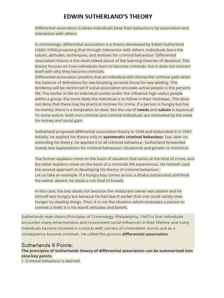 Edwin Sutherland's Theory | PDF | Behavioural Sciences | Psychology
