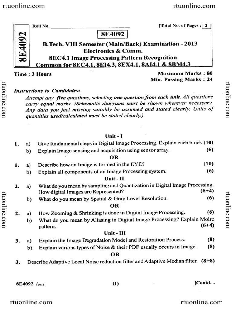 Btech 8 Sem Image Processing Pattern Recognition 8e4092 2013 | PDF
