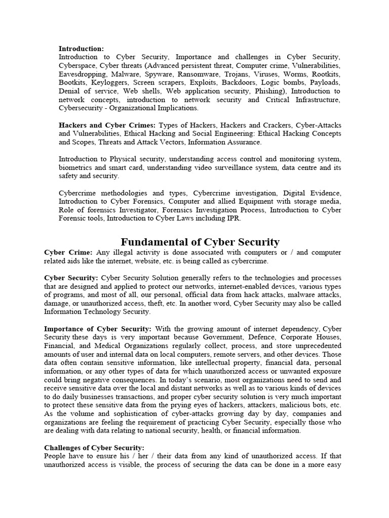 Fundamental of Cyber Securit Note | PDF | Security | Computer Security