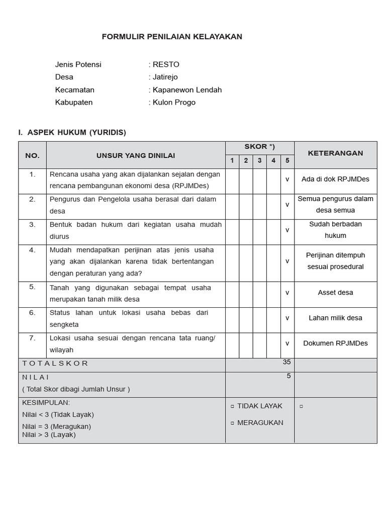 Formulir Penilaian Kelayakan | PDF